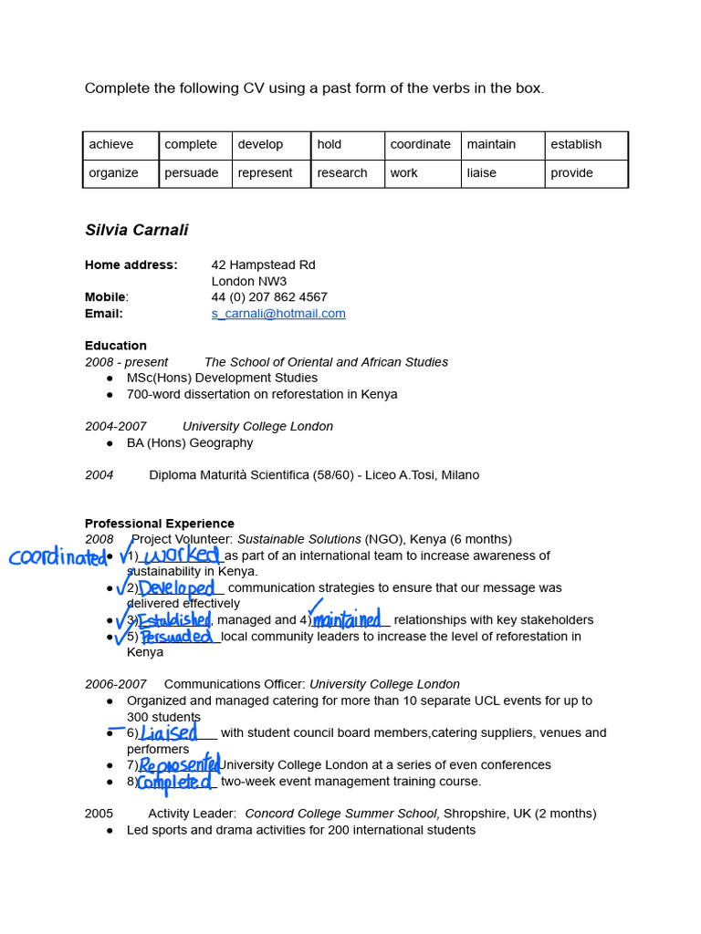 Complete The Following CV Using A Past Form of The Verbs in The Box | PDF