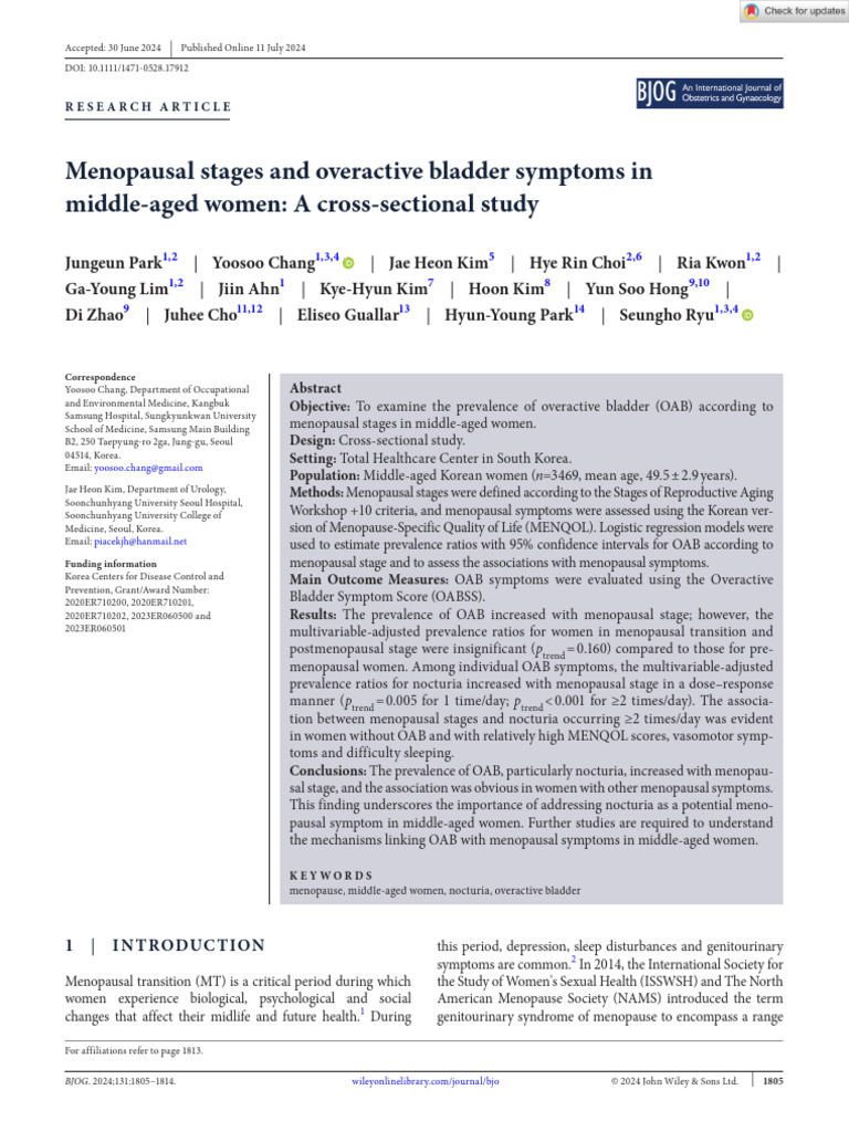 BJOG - 2024 - Park - Menopausal Stages and Overactive Bladder Symptoms ...