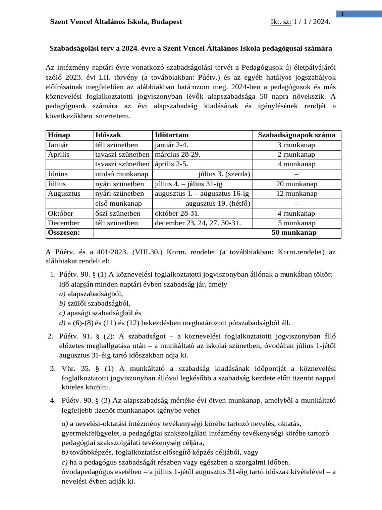 Szabadságolási Terv (2024) | PDF