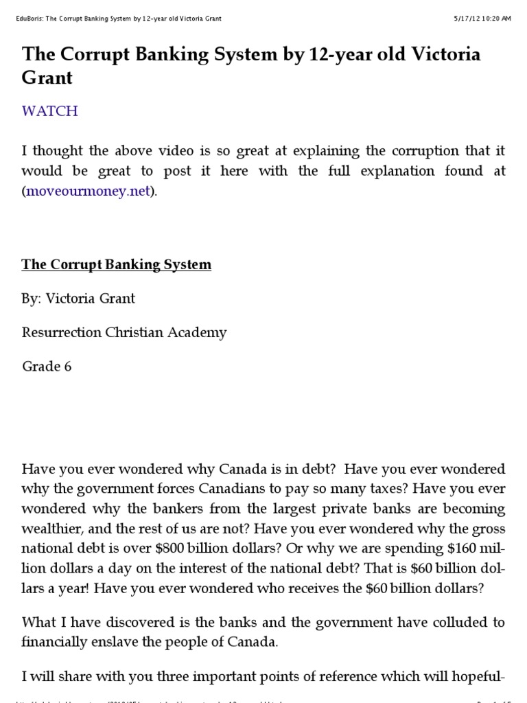 The Corrupt Banking System by 12-Year Old Victoria Grant | PDF | Money ...