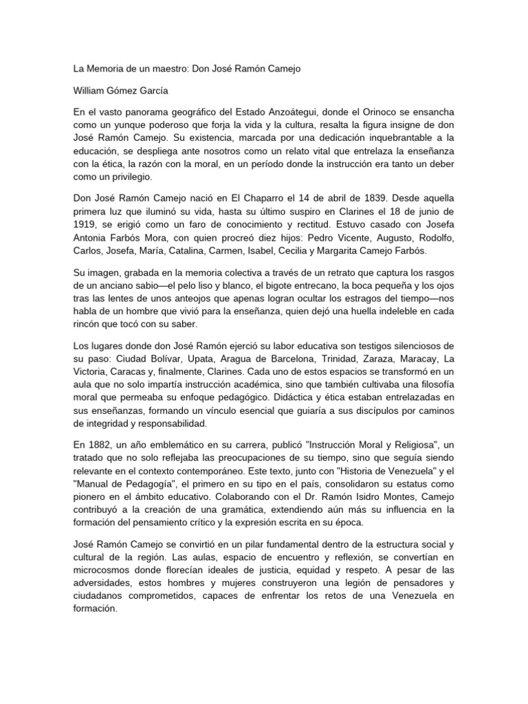 Legado de José Ramón Camejo en educación | PDF