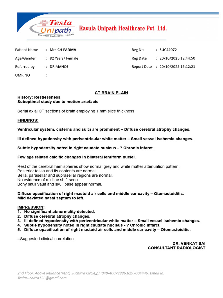 CT Brain Report for 82-Year-Old Female | PDF