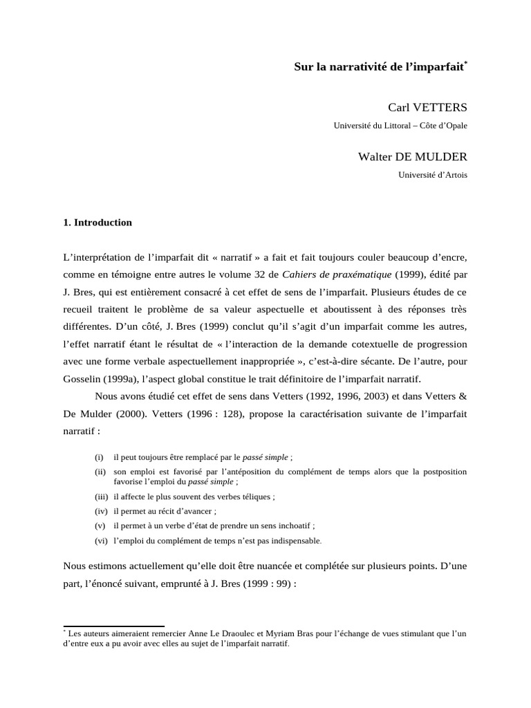 C. Vetters Et W. de Mulder - Sur La Narrativité de Limparfait | PDF ...