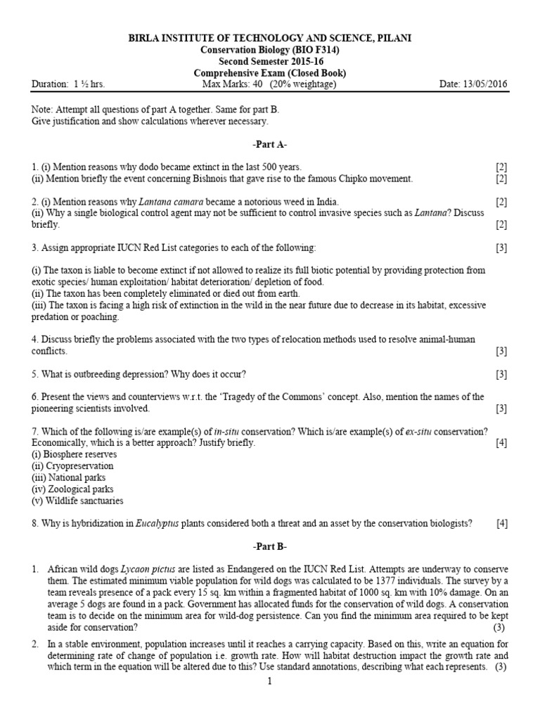 Conservation Biology Question Paper | PDF | Conservation Biology | Ecology
