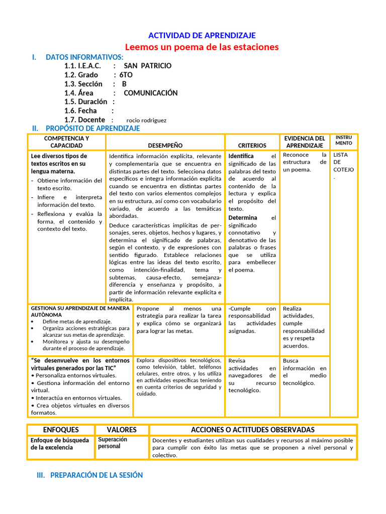 D1 A1 SESION COM. Leemos Un Poema de Las Estaciones | PDF | Aprendizaje ...