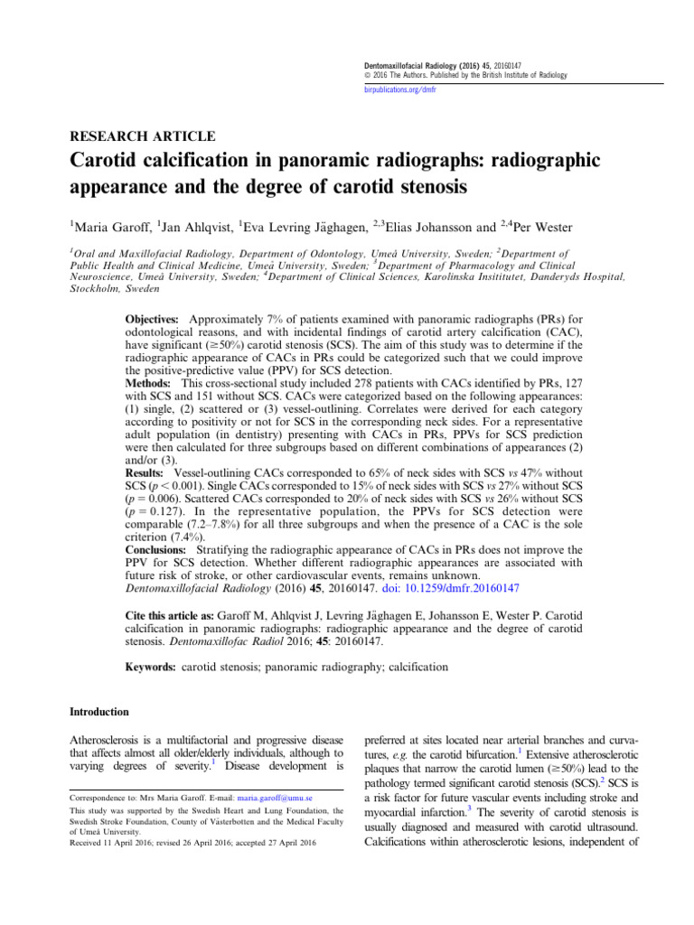 Carotid Calcification in Panoramic Radiographs Radiographic | PDF ...