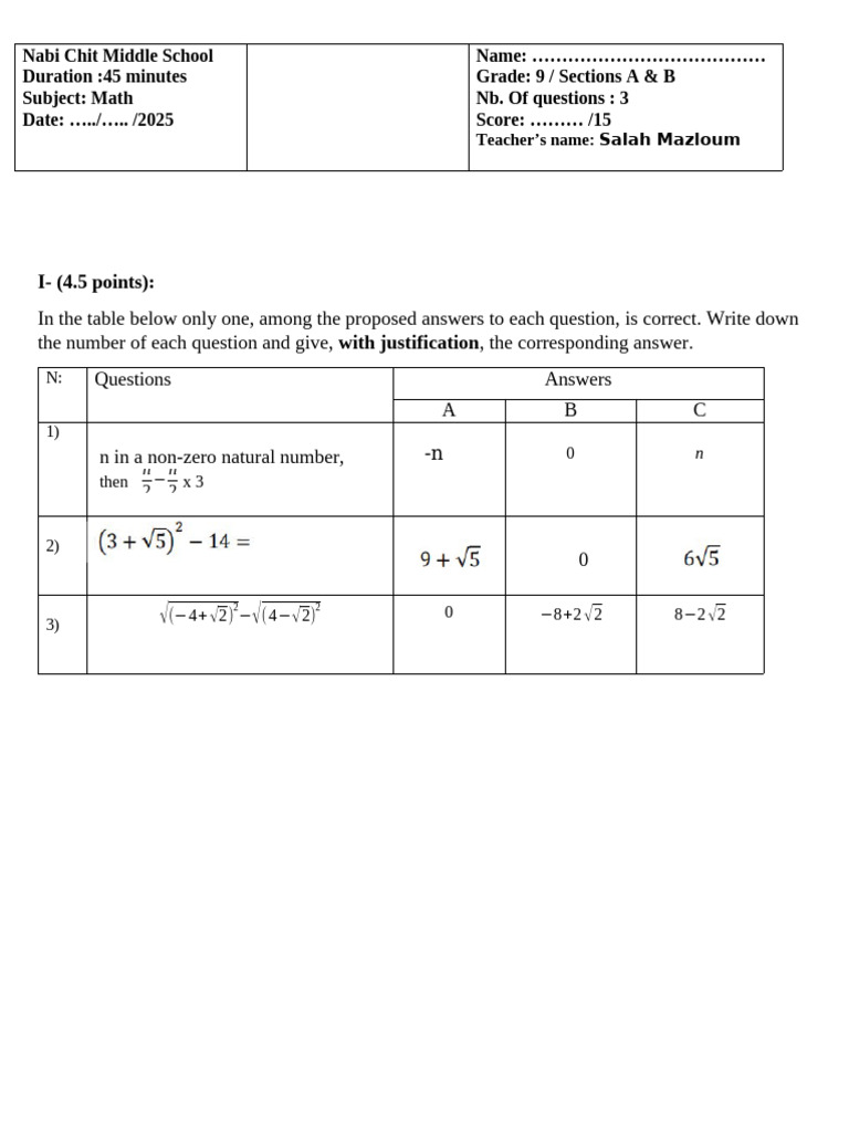 9th Grade Math Exam - Nabi Chit MS | PDF