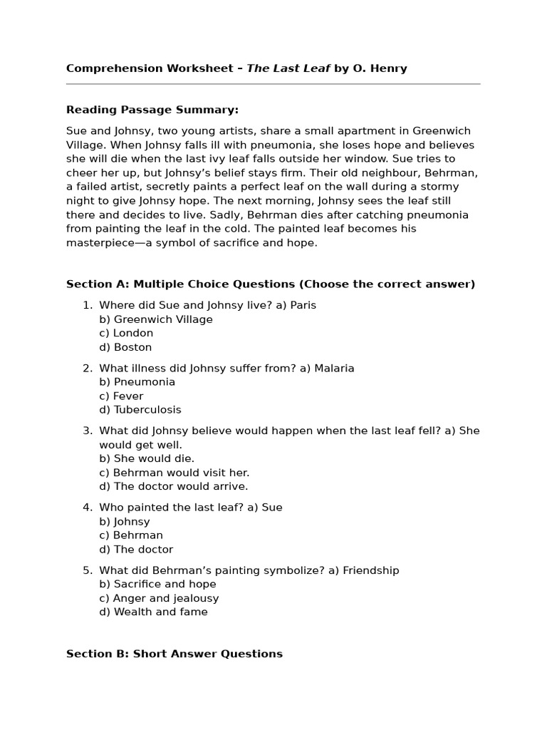 Comprehension Worksheet: The Last Leaf | PDF