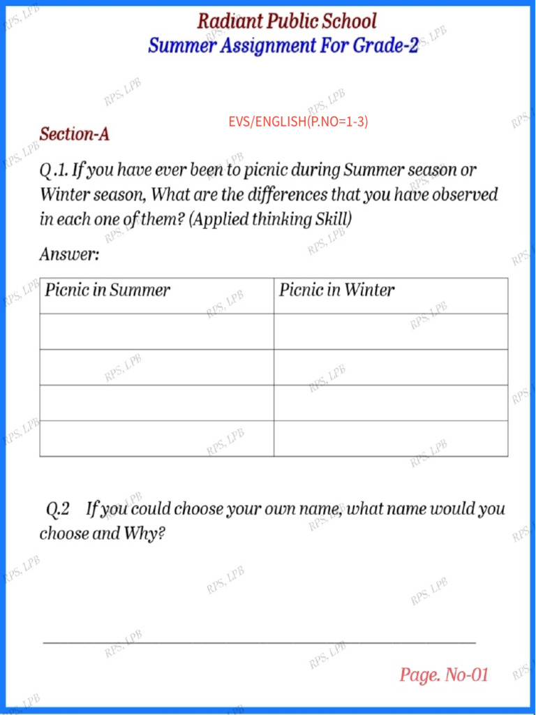 Summer Assignments For Grade-2 | PDF