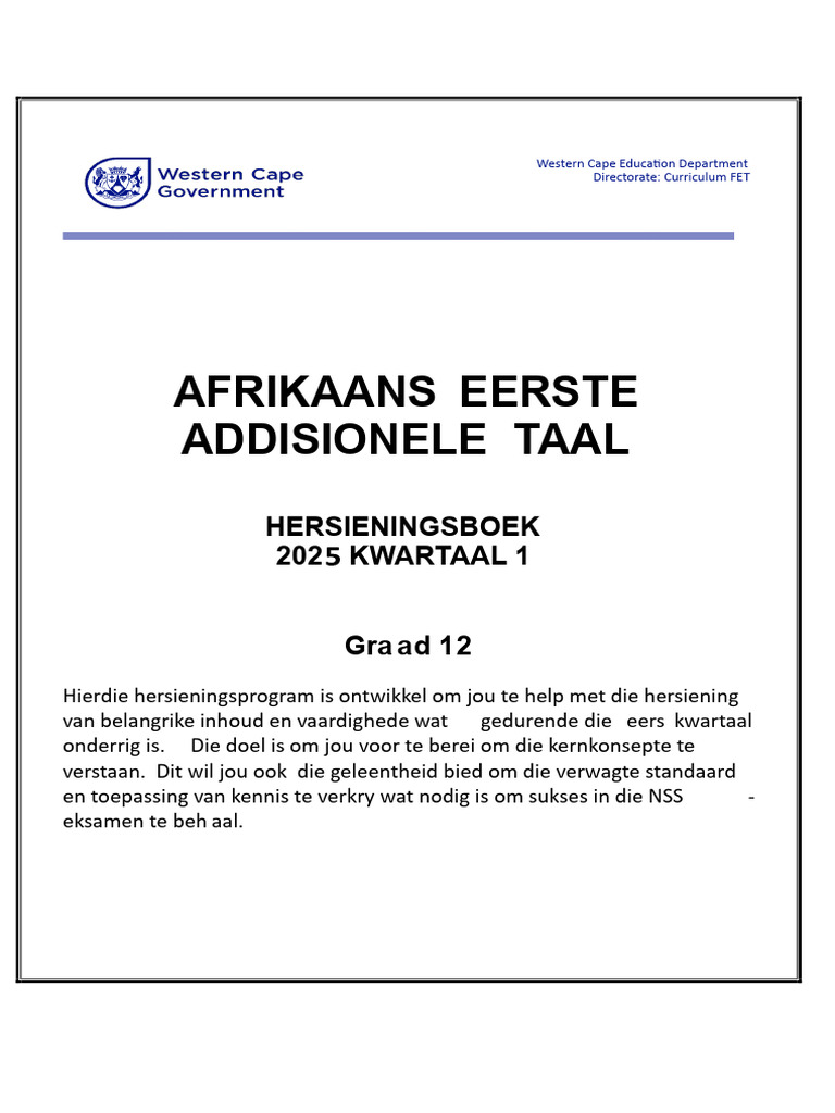 GR 12 Afrikaans Eat Hersieningsboek KW 1 - 2025 | PDF