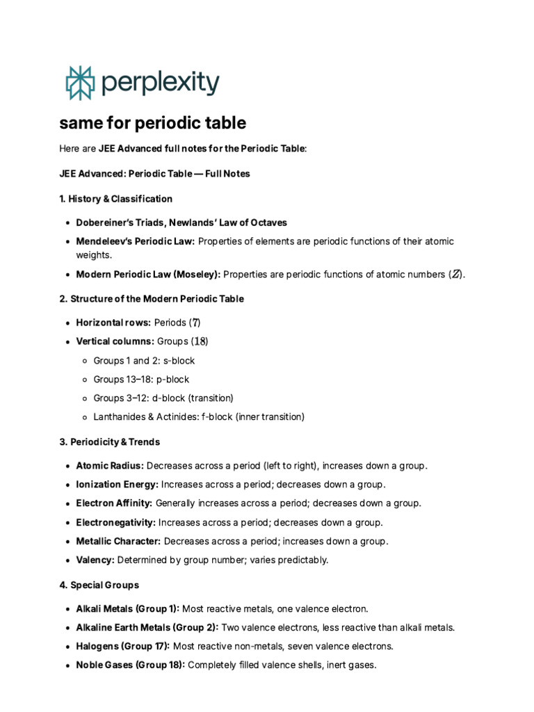 JEE Periodic Table Study Notes | PDF | Periodic Table | Atomic