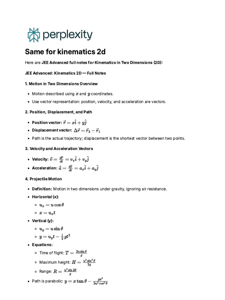 JEE Advanced Short Notes Kinematics 2d | PDF | Acceleration | Euclidean ...