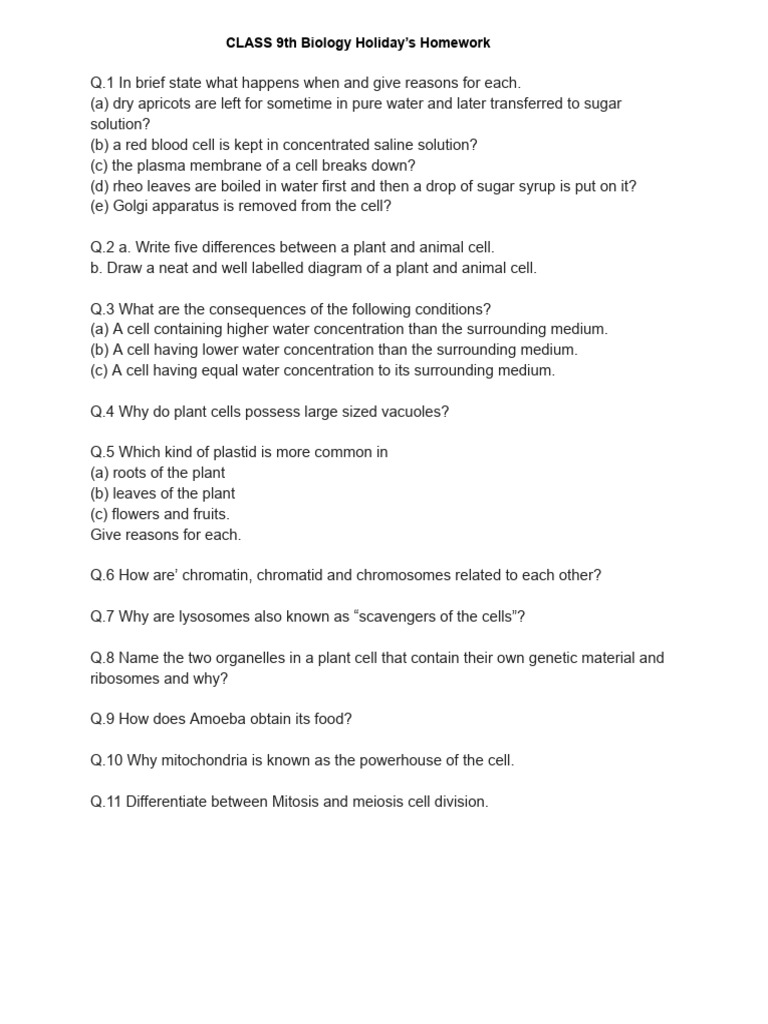 Class 9 Biology Holiday Homework Guide | PDF