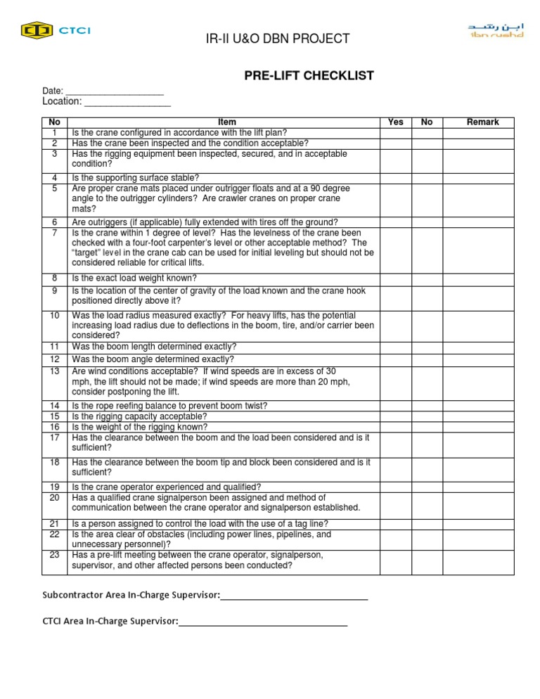 Pre Crane Lift Checklist | PDF