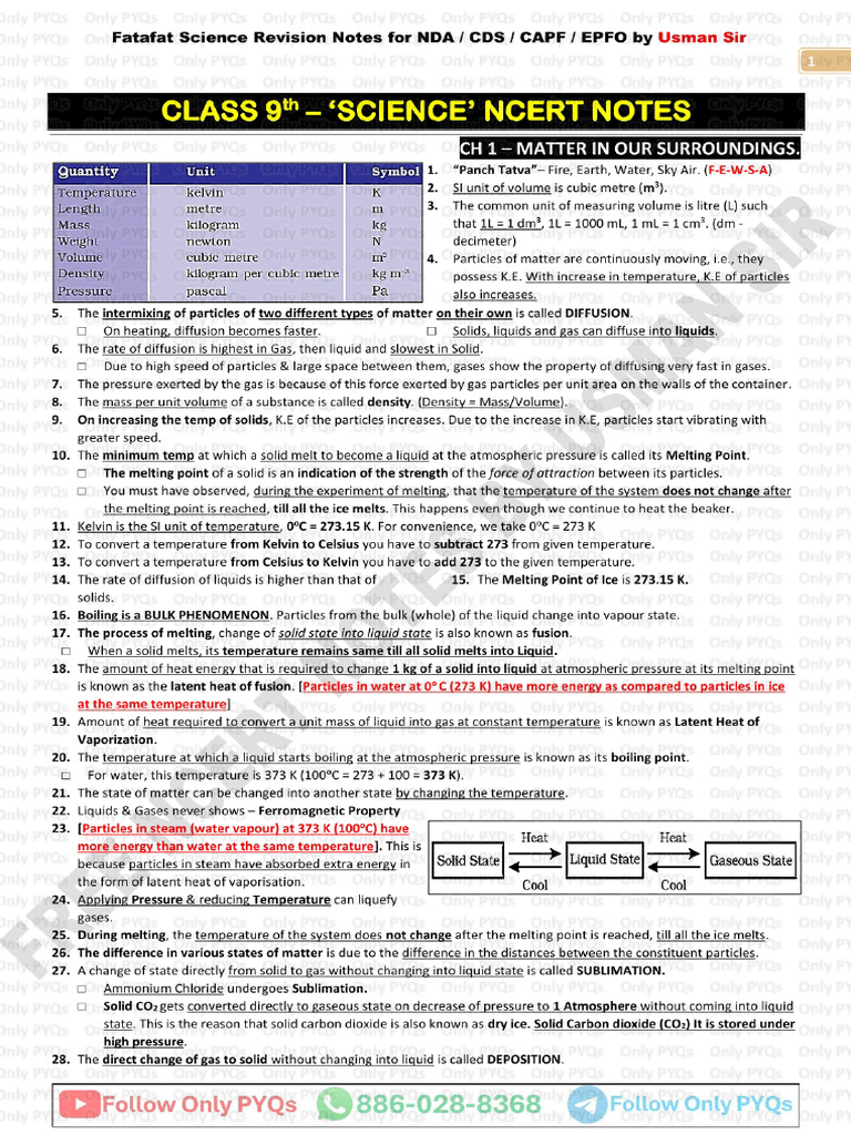 Class 9th Ncert Science One Liner Notes | PDF
