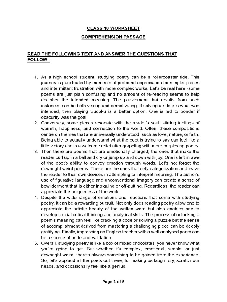 Class 10 English - Worksheet 2 | PDF | Poetry