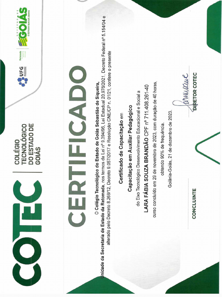 Certificado Auxilair Pedagógico - Lara Fábia Souza Brandão | PDF