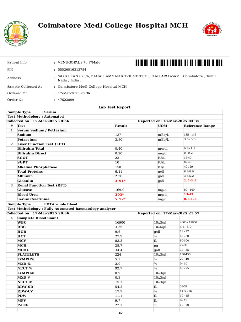 Coimbatore Medl College Hospital MCH: Lab Test Report | PDF | Blood ...