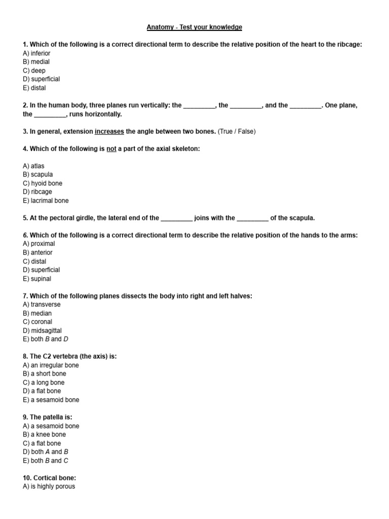 Anatomy Knowledge Quiz and Answers | PDF | Anatomical Terms Of Motion ...