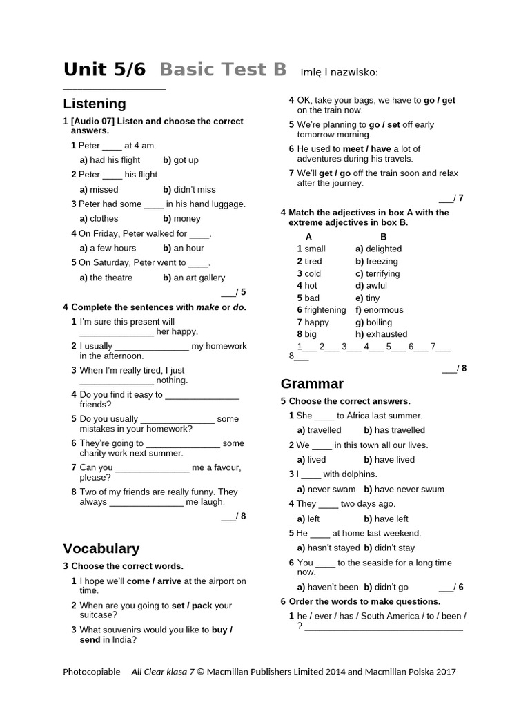 Basic English Test for Students | PDF | Water Transport