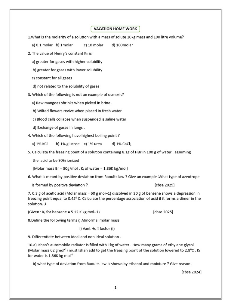 Dushera Vacation Home Work Chemistry | PDF | Chemical Reactions | Physical Sciences