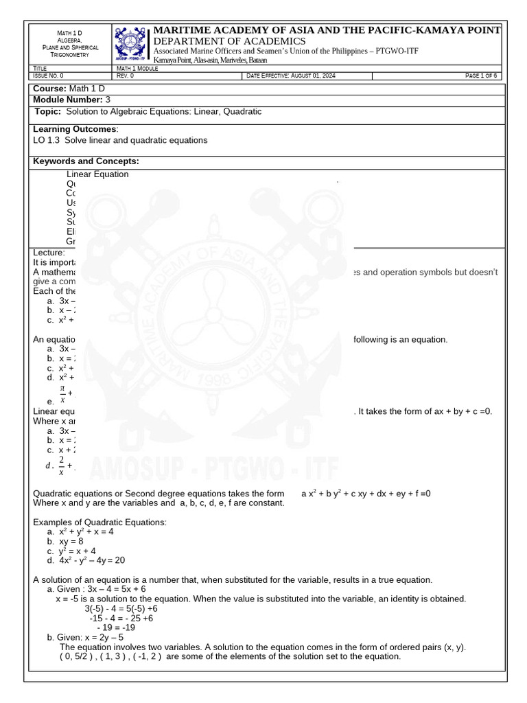 3 Math1 Linear, Quadratic, and System of Equations | PDF | Equations ...