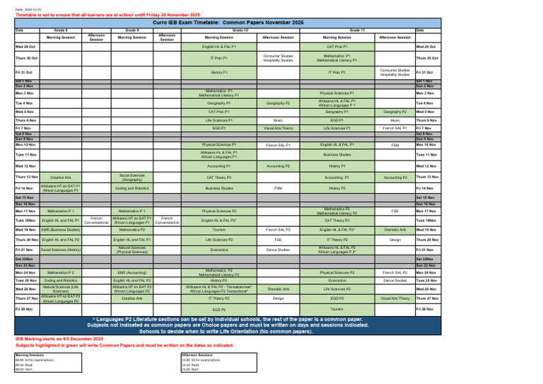 June, Prelim Nov IEB 2025 Exam Timetable | PDF