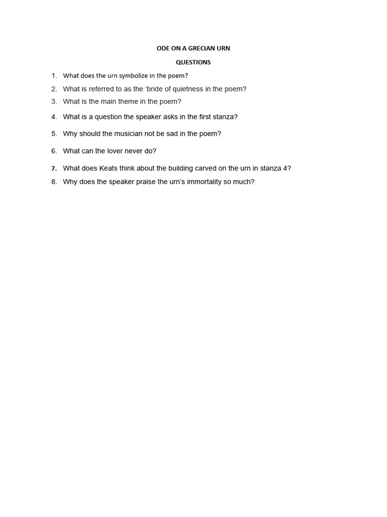 Ode On A Grecian Urn Questions | PDF