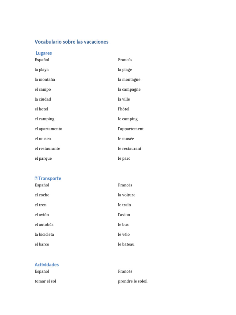Ficha Vocabulario Vacaciones A2 | PDF