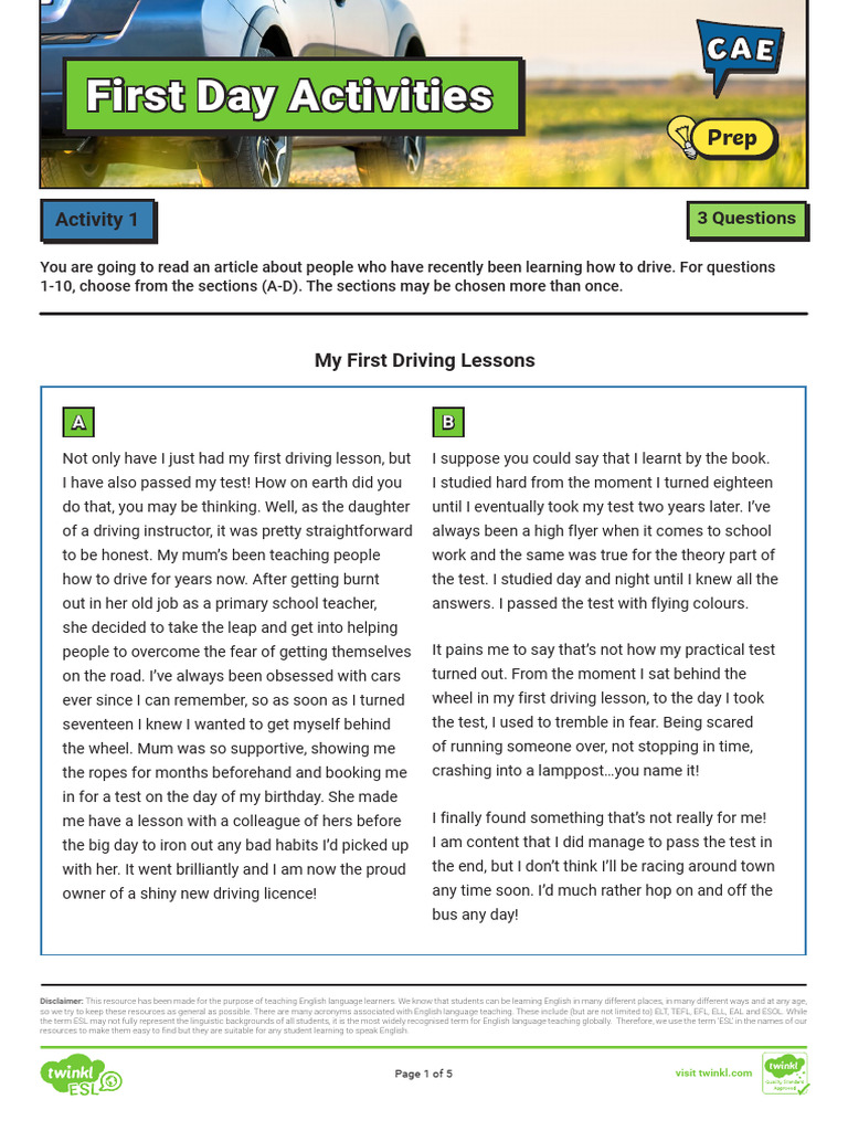 WORKSHEET ESL C1 Advanced CAE Prep Lesson First Day of Class Main | PDF ...