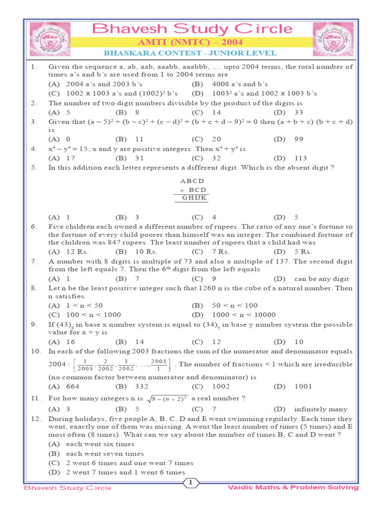 NMTC Sample Paper Juniors | PDF | Circle | Numbers