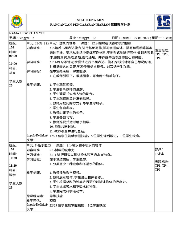 SJKC Kung Min Rancangan Pengajaran Harian | PDF