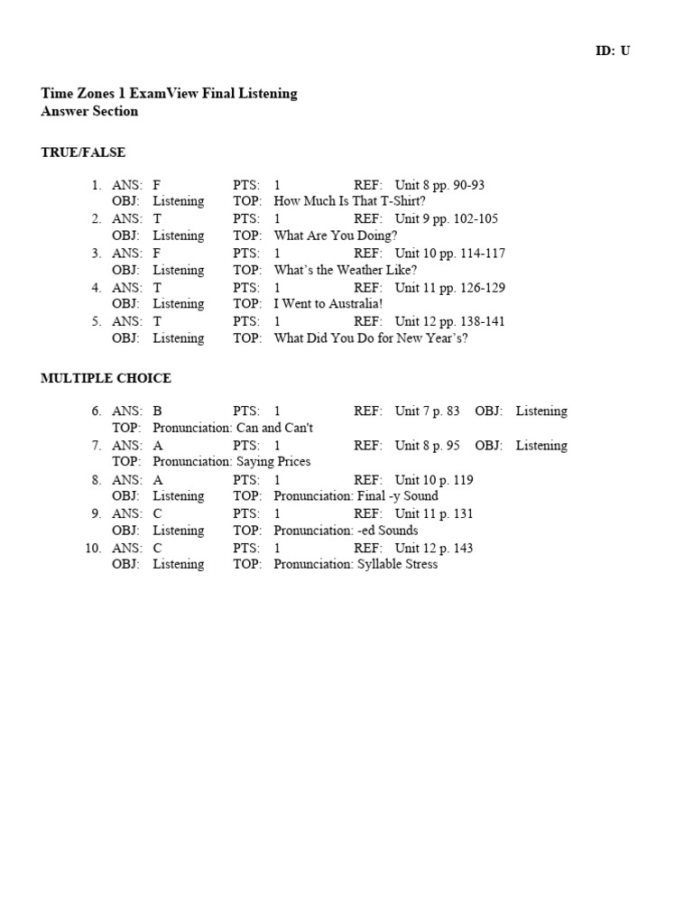 ExamView - TZ1 Final Listening - Answer Key | PDF
