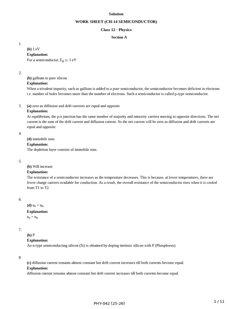 Class 12 Physics: Semiconductor Worksheet | PDF | P–N Junction ...