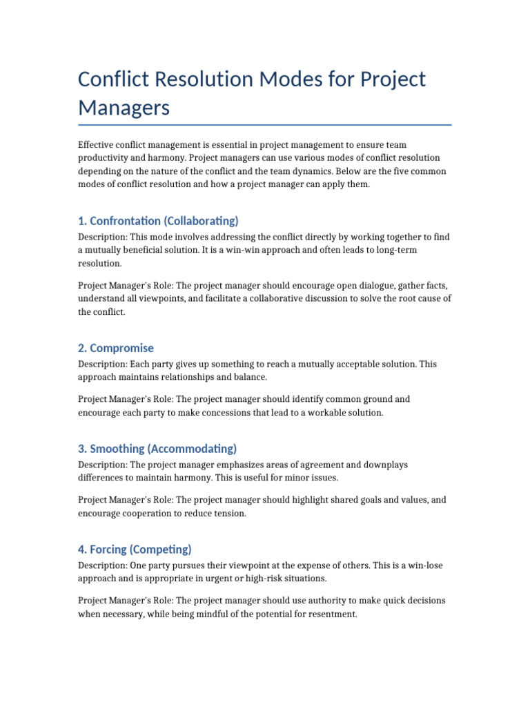 Conflict Resolution Modes For Project Managers | PDF