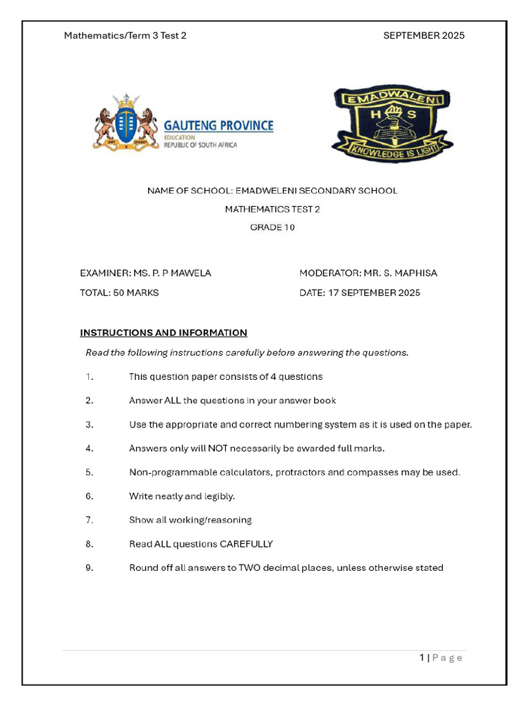 Mathematics Term 3 Test 2 September 2025 | PDF | Mathematics
