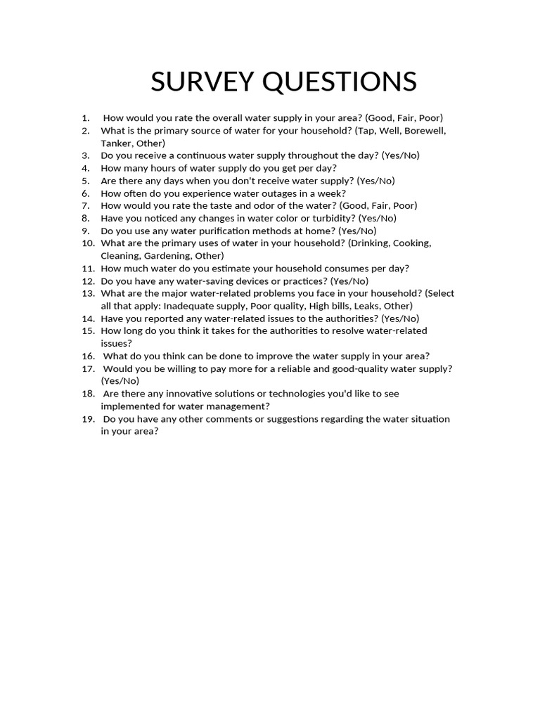 Water Supply Survey Questions | PDF