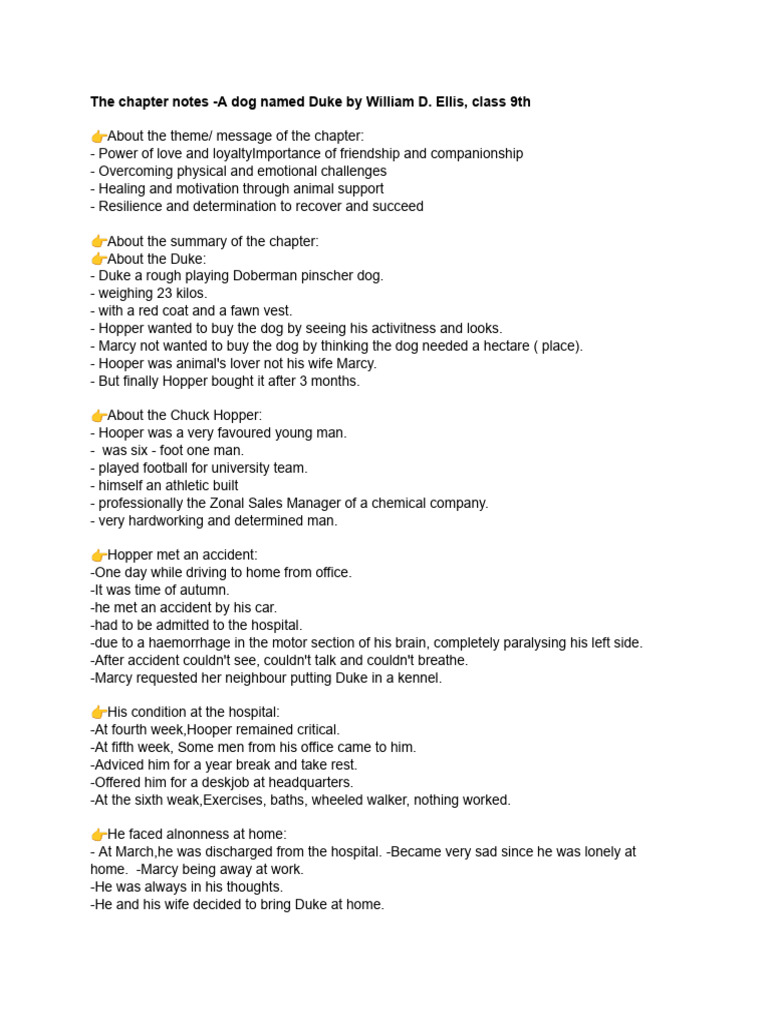 The Chapter Notes - A Dog Named Duke by William D. Ellis, Class 9th | PDF