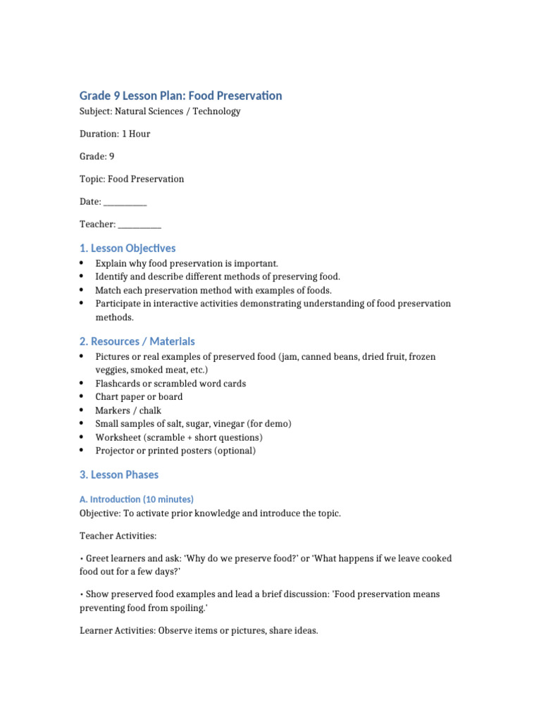 Grade9 Food Preservation Lesson Plan | PDF | Food Preservation | Canning