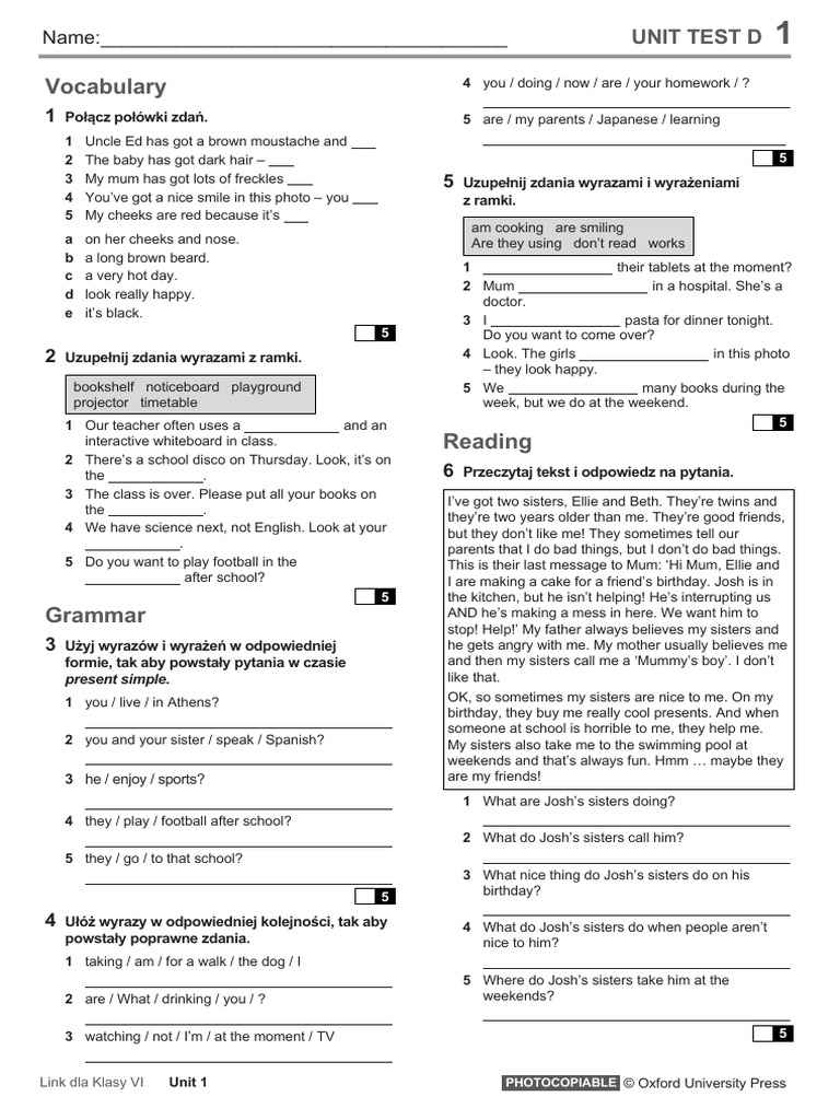Unit Test D1 for Class VI English | PDF