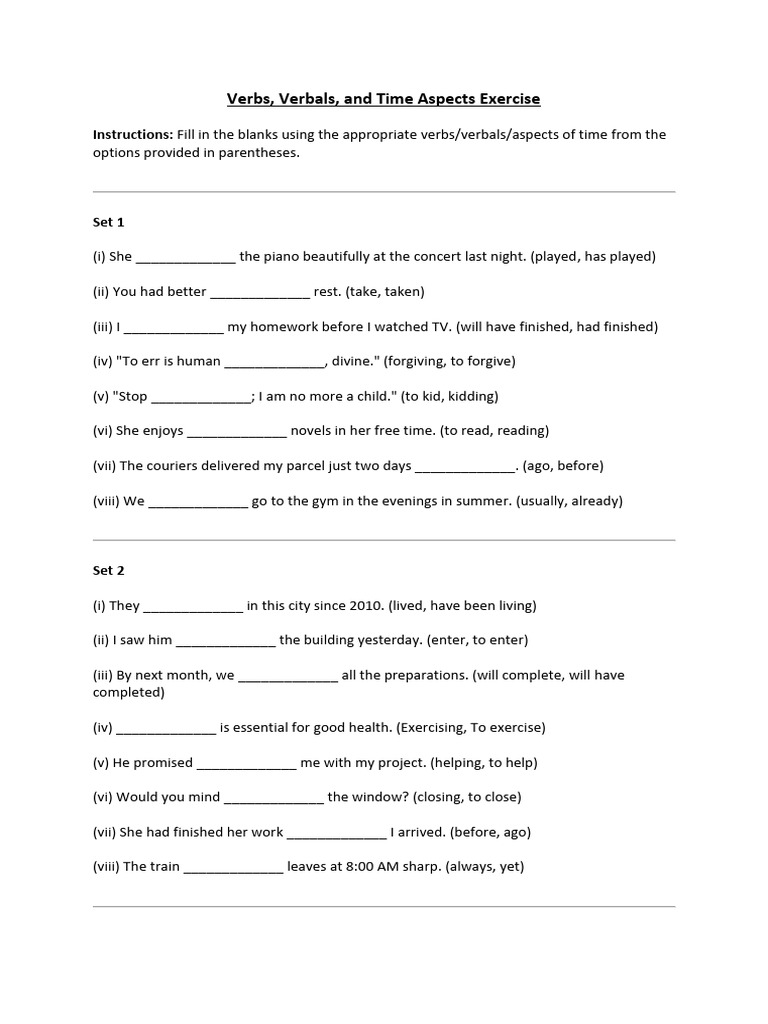 Verbs, Verbals, and Time Aspects Practice Exercise XII | PDF