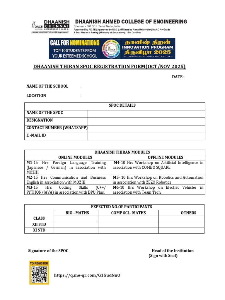 Dhaanish Thiran Spoc Registration Form (Oct/Nov 2025) | PDF
