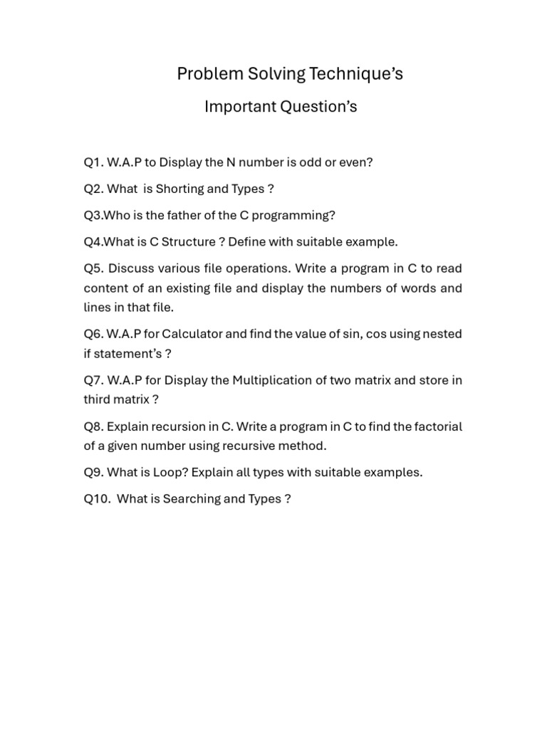 Important Question of Problem Solving | PDF