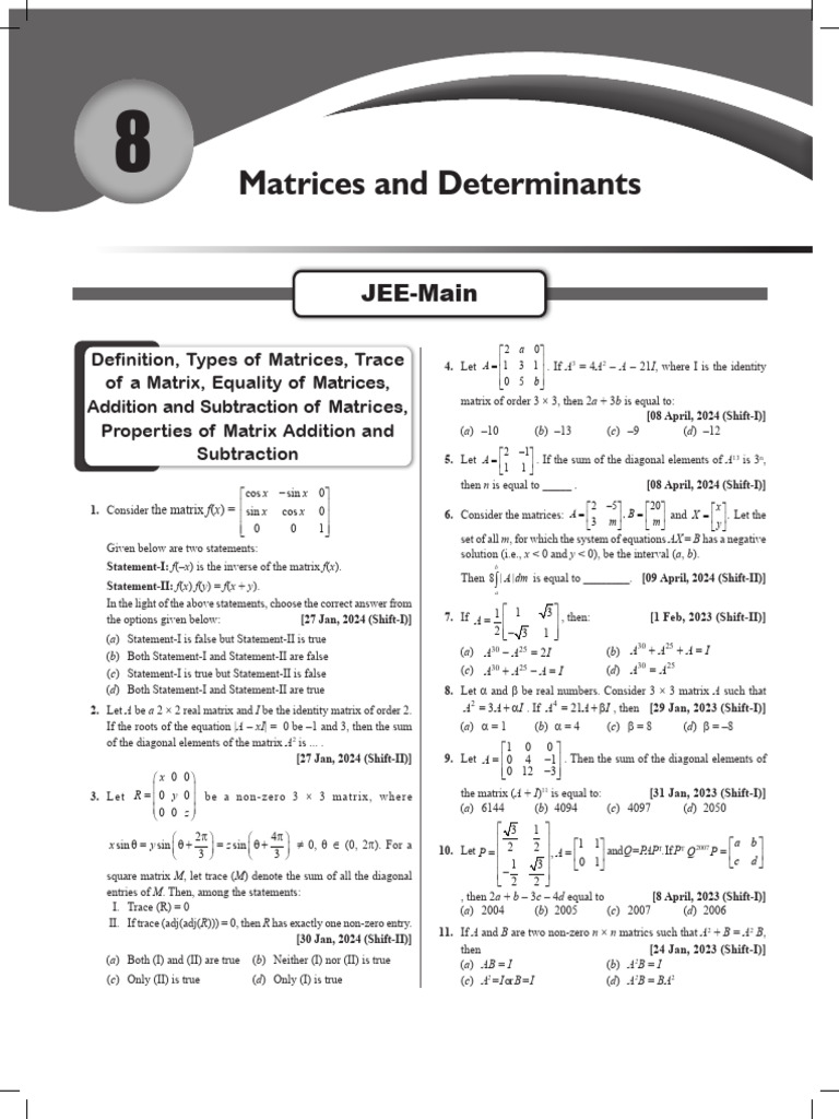 PYQs (JEE Main & Advance) Matrices & Determinants | PDF | Matrix (Mathematics) | Determinant
