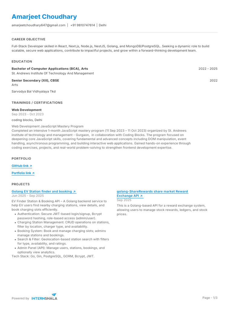 AmarjeetChoudhary InternshalaResume | PDF | Web Development | Java Script