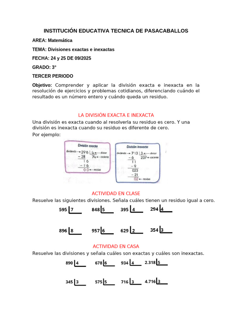 Clase 3. de Matematicas Divisiones Exactas e Inexacta | PDF