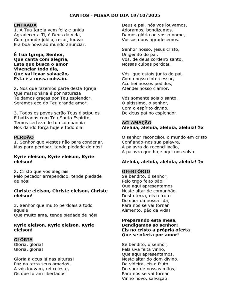 Canticos Missa19!10!2025 | PDF | Eucaristia | Crença e doutrina religiosa