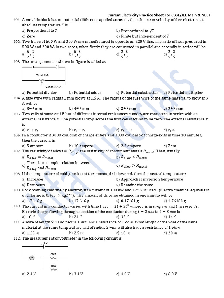 Current Electricity Practice Sheet for CBSE/JEE | PDF | Electric ...