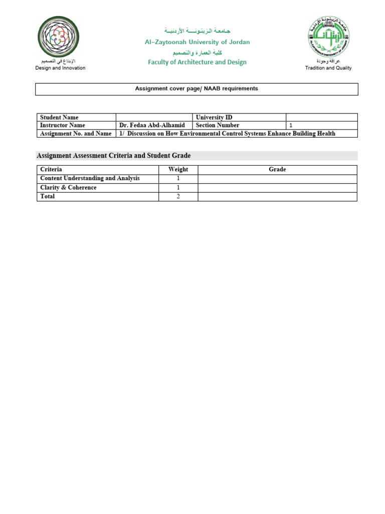 Cover Page For Assignments - Architecture and Environmental Control - 1 ...