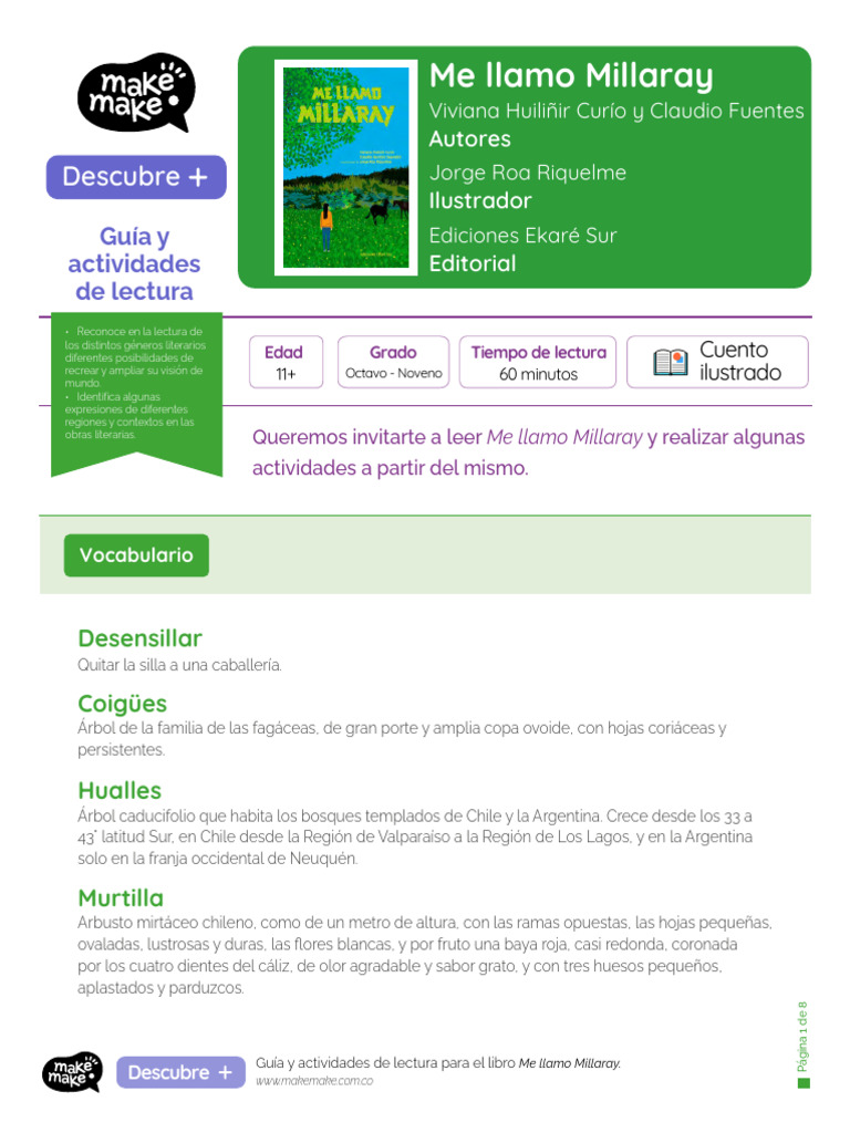 Actividades de lectura: Me llamo Millaray | PDF